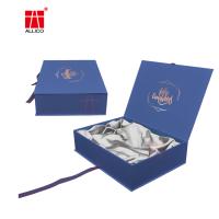 China Blue Gold Foil Logo Hair Extension Packaging Boxes Ribbon Closure for sale