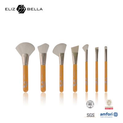 China 7pcs Travel Makeup Brush Set Rolling Printing Wooden Handle Aluminium Ferrule for sale