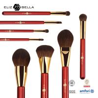 China Red Wooden Handle Cosmetic Brush With Synthetic Hair Makeup Brushes With Gold Aluminium Ferrule for sale