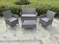 China Best 4 PCS Rattan Patio Furniture Set Cushioned Sofa Chair Coffee Table Popular Wicker Look Hotel Outdoor Furniture for sale