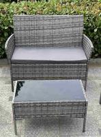 China Best 4 PCS Rattan Patio Furniture Set Cushioned Sofa Chair Coffee Table Popular Wicker Look Hotel Outdoor Furniture for sale