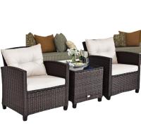 China 3pc Patio Wicker Bistro Conversation Patio Balcony Poolside-2 Cushioned Armchairs Glass Topped Table Outdoor Rattan Sofa for sale