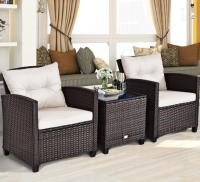 China 3pc Patio Wicker Bistro Conversation Patio Balcony Poolside-2 Cushioned Armchairs Glass Topped Table Outdoor Rattan Sofa for sale