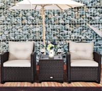 China 3pc Patio Wicker Bistro Conversation Patio Balcony Poolside-2 Cushioned Armchairs Glass Topped Table Outdoor Rattan Sofa for sale