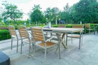China 7 Pieces New Design Cheap American Style Cafe Restaurant Plastic Wooden Dining Table And Chairs Ferniture Set for sale