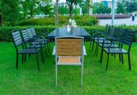 China Black 11 Pieces Plastic Wood Modern Outdoor Garden Furniture Table Set 8-10 Seater Extendable Patio Dining Table Chairs for sale