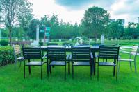 China Black 11 Pieces Plastic Wood Modern Outdoor Garden Furniture Table Set 8-10 Seater Extendable Patio Dining Table Chairs for sale
