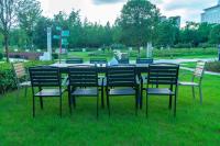 China Black 11 Pieces Plastic Wood Modern Outdoor Garden Furniture Table Set 8-10 Seater Extendable Patio Dining Table Chairs for sale