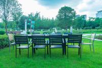 China Black 11 Pieces Plastic Wood Modern Outdoor Garden Furniture Table Set 8-10 Seater Extendable Patio Dining Table Chairs for sale