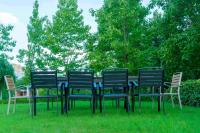 China Black 11 Pieces Plastic Wood Modern Outdoor Garden Furniture Table Set 8-10 Seater Extendable Patio Dining Table Chairs for sale