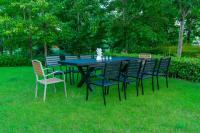 China Black 11 Pieces Plastic Wood Modern Outdoor Garden Furniture Table Set 8-10 Seater Extendable Patio Dining Table Chairs for sale