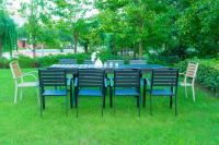 China Black 11 Pieces Plastic Wood Modern Outdoor Garden Furniture Table Set 8-10 Seater Extendable Patio Dining Table Chairs for sale