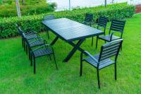 China 9 Pieces Black Plastic Wood Modern Outdoor Garden Furniture Table Set 8-10 Seater Extendable Patio Dining Table Chairs for sale