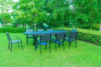 China 9 Pieces Black Plastic Wood Modern Outdoor Garden Furniture Table Set 8-10 Seater Extendable Patio Dining Table Chairs for sale