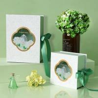 China Green Folded Book Carboard Boxes With Ribbon Transparent Window For Perfume Gift Packaging for sale