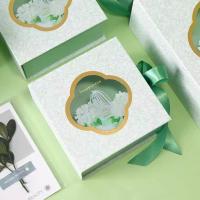 China Green Folded Book Carboard Boxes With Ribbon Transparent Window For Perfume Gift Packaging for sale