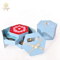 China Blue Hexagonal Paperboard Gift Boxes With Ribbon For Gift Packaging for sale