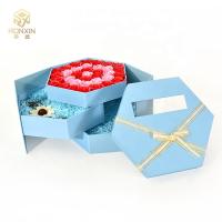 China Blue Hexagonal Paperboard Gift Boxes With Ribbon For Gift Packaging for sale