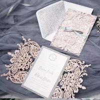 China High End Light Pink Laser Cut Wedding Cards For Family And Friends for sale