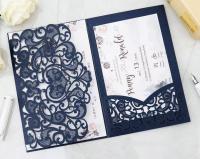 China Pink Art Paper Laser Cut Wedding Cards With Ribbon For Wedding Party for sale