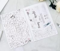 China Pink Art Paper Laser Cut Wedding Cards With Ribbon For Wedding Party for sale