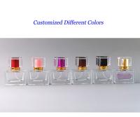 China 30ml 50ml Travel Rectangle Empty Perfume Glass Bottle with Aluminum Sprayer and Acrylic Cap SKIN CARE Crystal Spray Bottle for sale