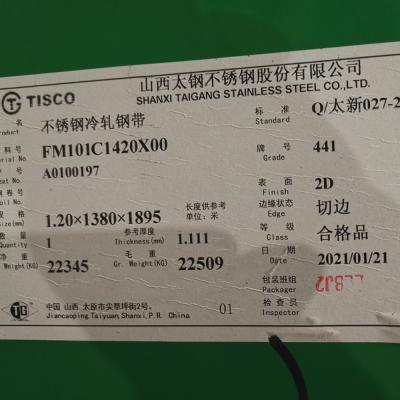 China 441 Stainless Steel Sheet 2B 2D Finish 0.3-3mm Thickness 500-2000mm Width for sale