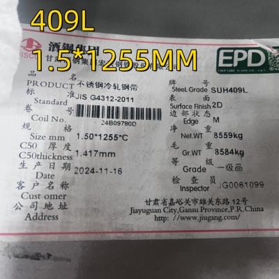 China JIS G4312 SUH409L SUS409L Cold Rolled Stainless Steel Sheet 1.5mm Finish 2D for Exhaust Systems for sale