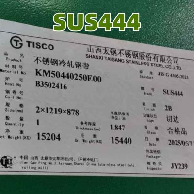 China ASTM A240 AISI 444 SUS444 Stainless Steel Sheet 2B Finish 2mm Thickness 1219x2120mm for sale