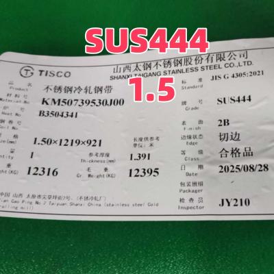 China SUS444 ASTM A240 AISI 444 Stainless Steel Sheet 1.5mm x 1219mm Cold Rolled 2B Finish for sale