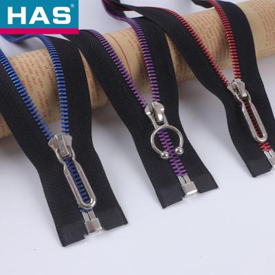 China 28 Inch Open Ended Zip Black Eco Friendly Zipper Red Teeth For Leather Garment for sale