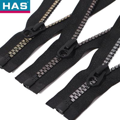 China #5 Gold Square Letter Teeth Resin Zipper With Open Tail And Open Plastic Teeth for sale