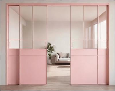 China Custom French Retro Aluminum Sliding Door, Pink Hanging Rail Linkage Door for Living Room Partition Balcony for sale