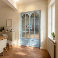 China Custom French retro blue double open titanium magnesium aluminum alloy glass double door for bathroom and toilet partition for sale