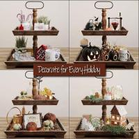 China Customization Farmhouse Wooden 2 Tier Tray Stand for Serving Food Fruits Cupcakes Square Tier at Restaurant Home Cake for sale
