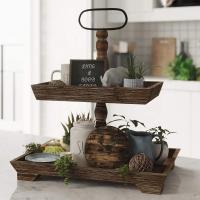 China Customization Farmhouse Wooden 2 Tier Tray Stand for Serving Food Fruits Cupcakes Square Tier at Restaurant Home Cake for sale