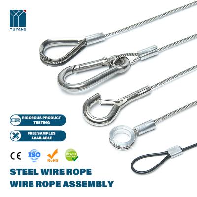 China Galvanized Custom Steel Wire Rope Assembly with Eyelet Hooks Carabiners Terminals-AiSi Standard 1-6mm Diameter 1*19 Construction for sale
