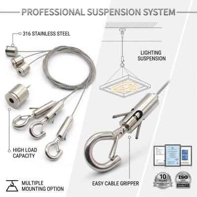 China Adjustable Stainless Steel Wire Rope Hanging System with Brass Snap Hooks for Pendant & Track Lighting for sale