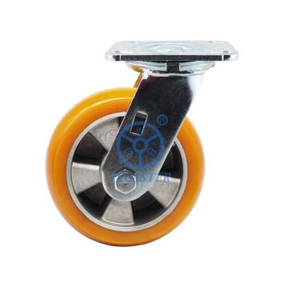 China 150mm Diameter Aluminium Orange Pu Swivel Casters Heavy Duty Industrial Wheels for sale