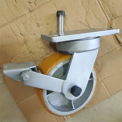 China 8x3 inch Wide Caster Wheels 3300lbs Ultra Heavy Duty Iron PU Kingpinless Front Lock Casters Orange for sale