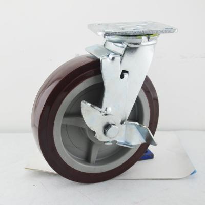 China Industrial Trolley Castor Wheels Heavy Duty 8 Inch Red PU Wheel With Side Brake Soft Swivel Plate for sale