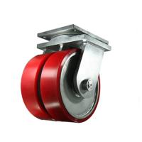 China 144mm Polyurethane Heavy Duty Caster Wheels Dual Ball Bearings Red Iron PU Smooth Movement for sale