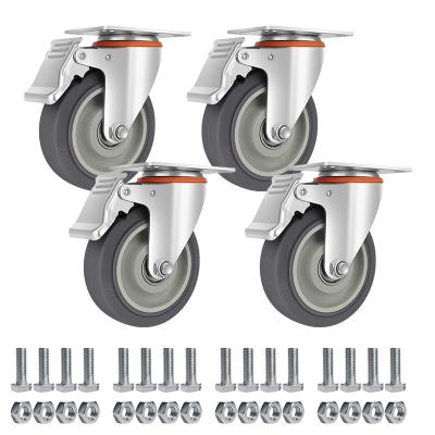China 4 Piece Set Industrial 3/4/5 Inch Medium Duty TPR Top Plate Swivel Casters With Brake for sale