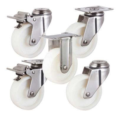China 100mm White Solid Nylon Wheels 304 Stainless Steel Swivel Casters With Brakes Wholesales for sale