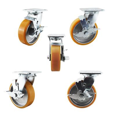 China YLcaster Offers 200kg Yellow PU Wheel Aluminium Core Plate Swivel Side Brake Heavy Duty Casters for sale