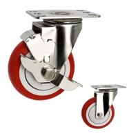China 125mm Red PU Wheel Stainless Steel Casters Fixed Plate Type for sale