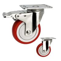 China 125mm Red PU Wheel Stainless Steel Casters Fixed Plate Type for sale