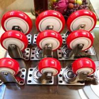 China 176lbs Stainless Steel Casters 75mm Silent Red Wheel PU Threaded Stem Side Locking Casters for sale