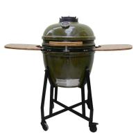 China Ceramic Kamado Grill 23 Inch Outdoor Charcoal Tropical Green Color 59cm With Cart And Side Tables for sale