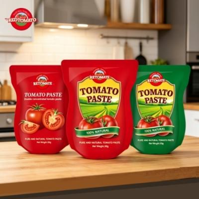 China This Stand-up Pouch Holds 56g Double Concentrated Tomato Paste, With A Purity Range Of 28% To 100% for sale